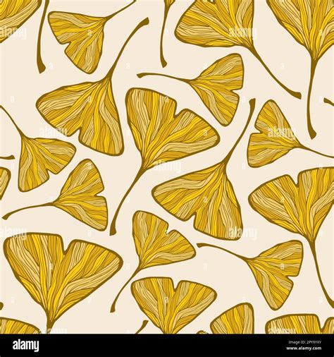 Ginkgo Biloba Yellow Leaves Seamless Pattern Vector Design Natural Elements In Hand Drawn Style