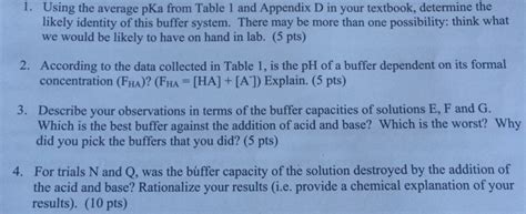 Solved 1 Using The Average Pka From Table 1 And Appendix D