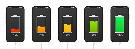 방전 및 완전히 충전 된 스마트 폰 배터리 배터리 잔량 표시기 세트 무선 충전 에너지 기호 축전지 세트 0에서 100 까지 벡터 그림 0명에 대한 스톡 벡터 아트 및 기타