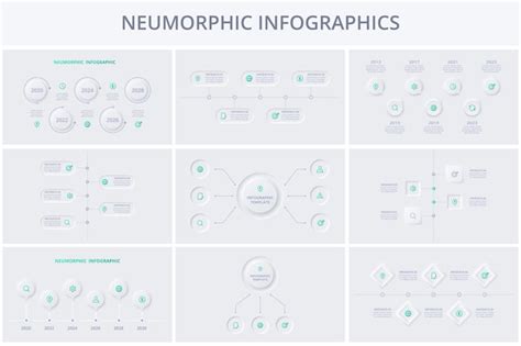 단계 옵션 부품 또는 프로세스가 포함된 인포그래픽용 뉴모픽 순서도 인포그래픽 크리에이티브 개념 설정 프리미엄 벡터