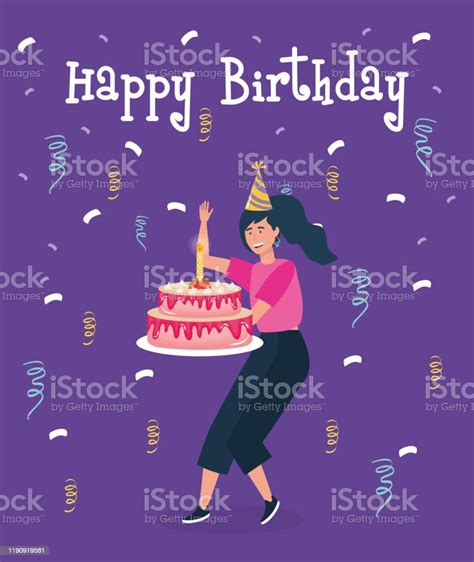 생일 축하 케이크와 촛불 색종이 축하 파티 이벤트 장식과 여자 귀여운에 대한 스톡 벡터 아트 및 기타 이미지 귀여운 놀라움