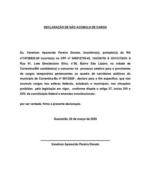 Declaração De Não Acúmulo De Cargo Pdf