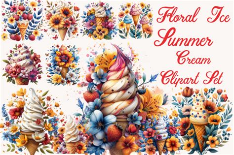 Floral Summer Ice Cream Clipart Set Graphic By Tshirtado · Creative Fabrica