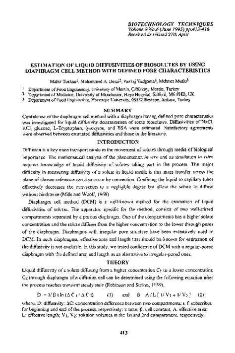 Pdf Estimation Of Liquid Diffusivities Of Biosolutes By Using Diaphragm Cell Method With