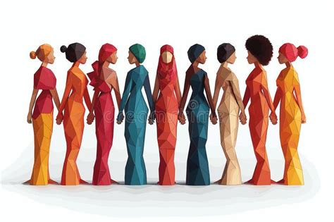 Group Of Multiethnic People In Low Poly Style Holding Hands Unity