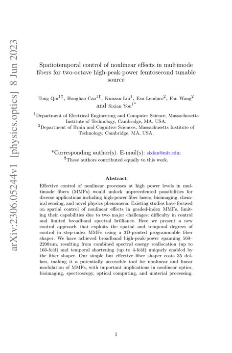Pdf Spatiotemporal Control Of Nonlinear Effects In Multimode Fibers