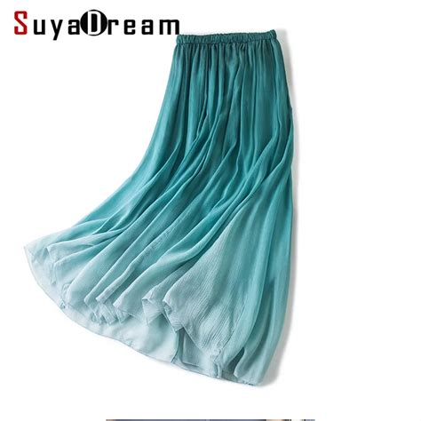Women Silk Skirt 100real Silk Gradient Color Skirts Mid Calf Length