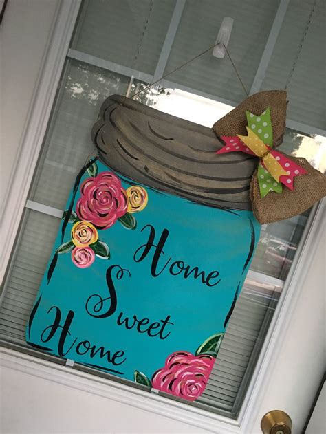 Mason Jar Door Hanger With Home Sweet Home And Pink Roses