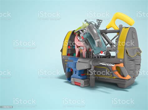 내부 건설 공사를 위한 3d 렌더링 툴 백과 그림자가 있는 파란색 배경의 아파트 수리 강철에 대한 스톡 사진 및 기타 이미지