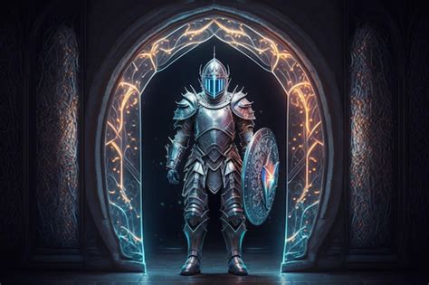 Premium Ai Image Medieval Knight In Armor In Front Of Mystical Portal