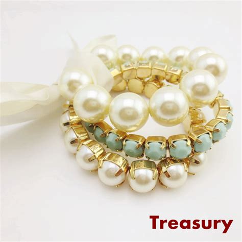 Treasury 欧美风格唯美淑女系丝带珍珠弹力款 女手镯手链 1993jixiang