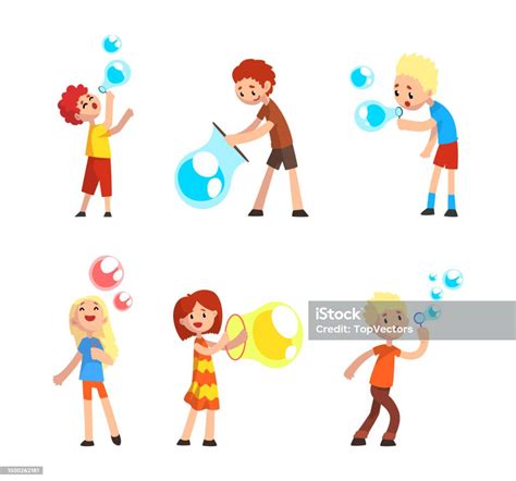 쾌활한 십대 소년과 소녀가 재미있는 벡터 세트를 가지고 다채로운 비누 거품을 불고 있다 구에 대한 스톡 벡터 아트 및 기타