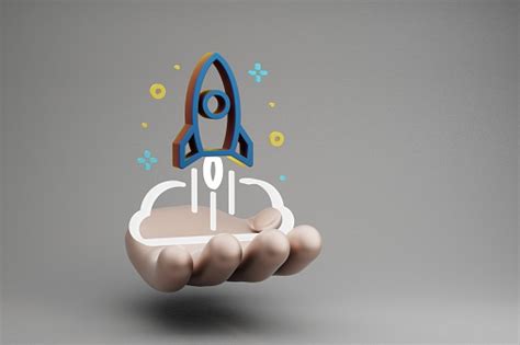 아름다운 추상적 인 삽화 골든 핸드 홀딩 로켓 발사와 회색 배경에 구름 기호 아이콘 3d 렌더링 그림 우주 탐사 3차원 형태에 대한 스톡 사진 및 기타 이미지 Istock