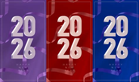 금속 번호 2026과 다양한 색상의 유색 천 배경에 구불구불한 숫자가 있는 수직 배너 세트 새해와 크리스마스 카드를 위한 현대적인 디자인 3d 벡터 12월 31일에 대한