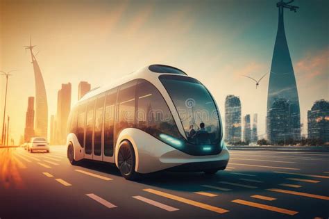 Autonomous Shuttle Transporting Passengers Through Futuristic Cityscape