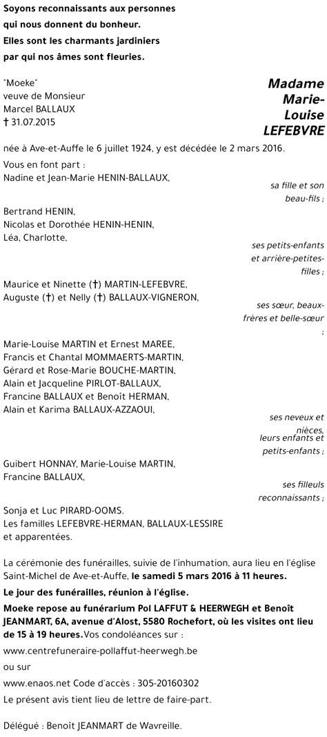 Avis de décès de Marie Louise LEFEBVRE décédé le 02 03 2016 à Ave Et