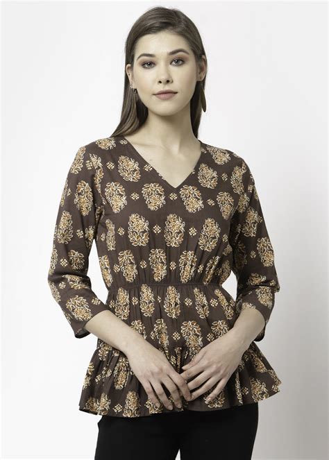 Get Brown Floral Printed V Neck Top At LBB Shop