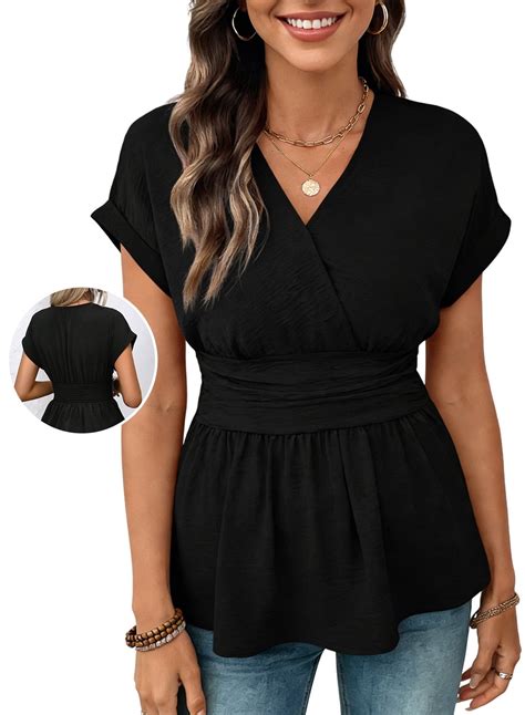 Dokotoo Blouses For Women Wrap V Neck Short Sleeve Smocked Waist Peplum