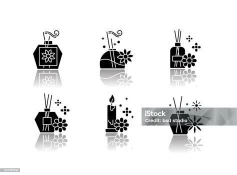 아로마 테라피 드롭 그림자 검은 색 문말 아이콘 세트 꽃 향기 스틱 아로마 양초 꽃 공기 청정기 화장품 스파 테라피 휴식 여성의 자기 관리 격리된 벡터 일러스트레이션 0명에