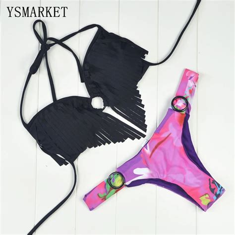 New Summer Alluring Tassel Detail Beachwear Womens Sexy Off The Shoulder Bikini Swimwear Hollow