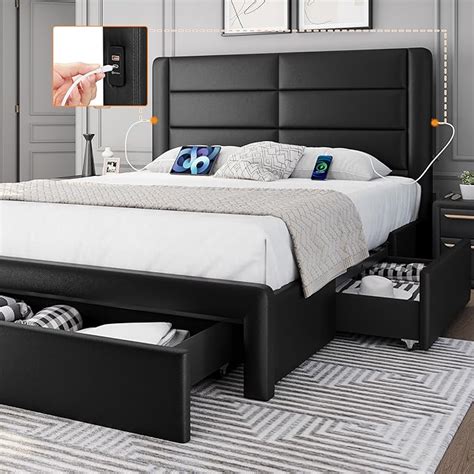 Yaheetech Queen Size Bed Frame Platform With 2 Usb Charging