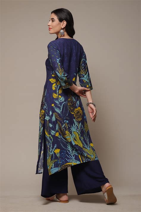 Navy Rayon Straight Printed Kurta