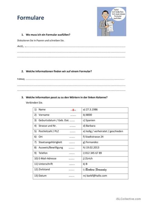 Formular Deutsch DAF Arbeitsblätter pdf doc