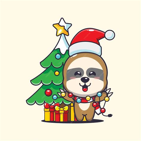 Paresseux Mignon Avec Lampe De Noël Illustration De Dessin Animé De