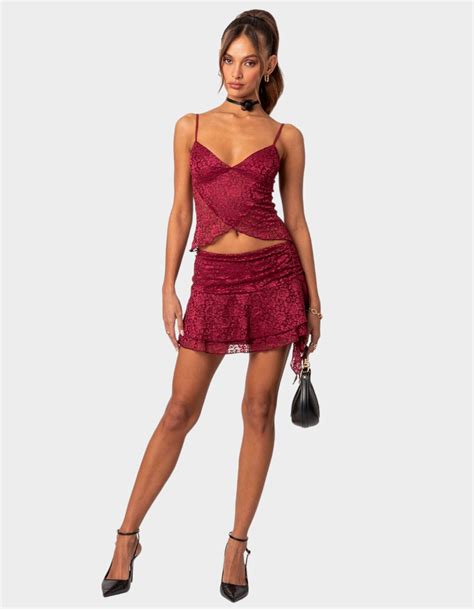 Edikted Ruby Ruffle Lace Mini Skirt Dk Red Tillys
