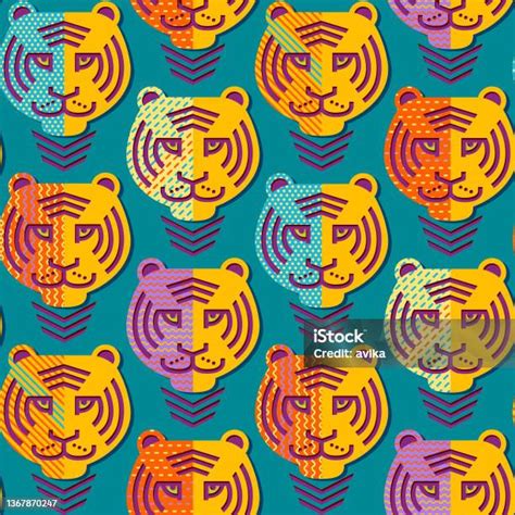 청록색 블루 배경 종이 패치워크 에 호랑이 얼굴 원활한 패턴 배경 일러스트 고등학교 이하에 대한 스톡 벡터 아트 및 기타 이미지 고등학교 이하 고양이 새끼 고양잇과