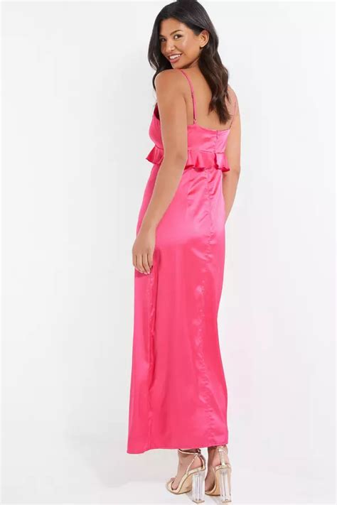 Pink Satin Frill Slip Midi Dress Quiz Clothing