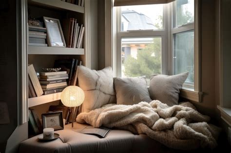 Premium AI Image Cozy Reading Nook With Plush Pillows And A Stack Of Books Created With