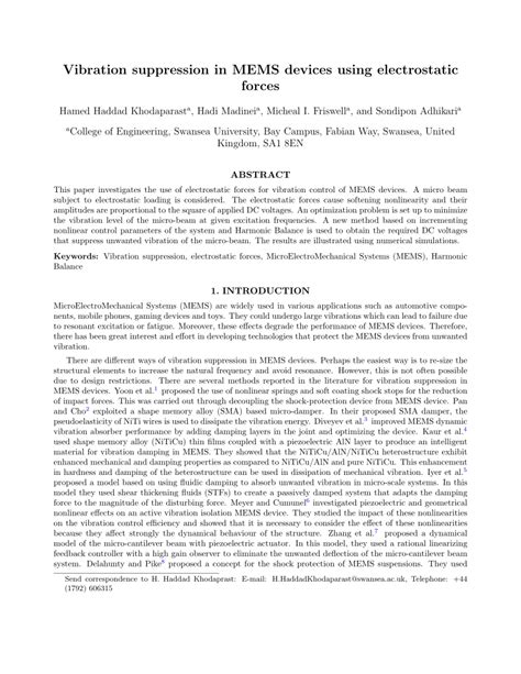 Pdf Vibration Suppression In Mems Devices Using Electrostatic Forces