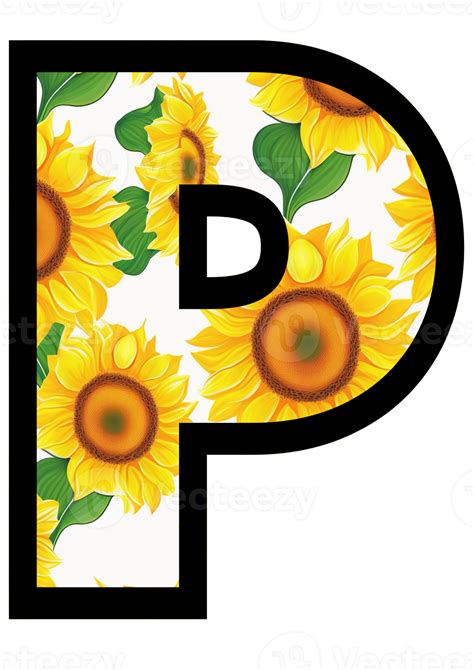 Sunflower Floral Alphabet Letter P With Yellow Sunflower Pattern
