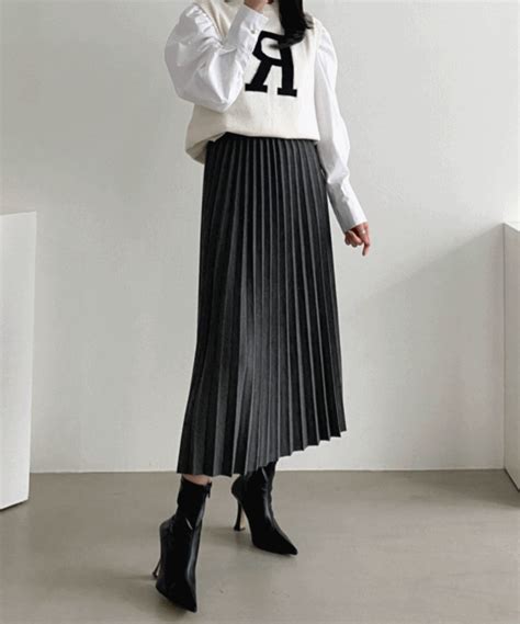 가을 겨울 기계 주름 플리츠 기모 모직 정장 오피스룩 출근룩 루즈핏 밴딩 롱 스커트