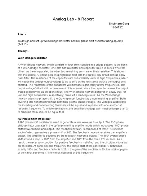 Analog Lab 8 1904132 Pdf Electronic Oscillator Operational Amplifier