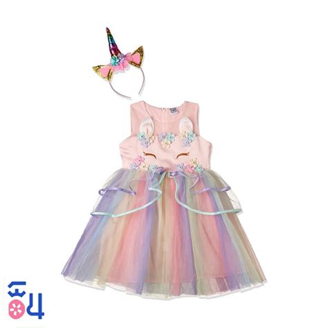 خرید و قیمت لباس دخترانه رنگین کمان طرح یونیکورن با تاج تک شاخ ترب