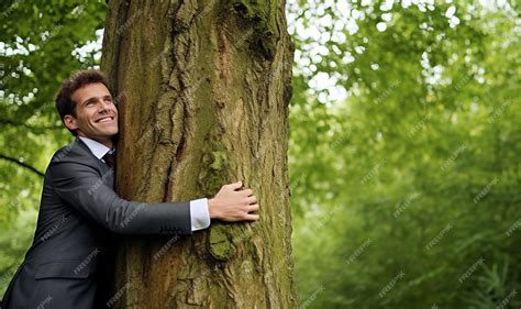 Empresario Con Traje Abrazando Un árbol En La Naturaleza Forestal