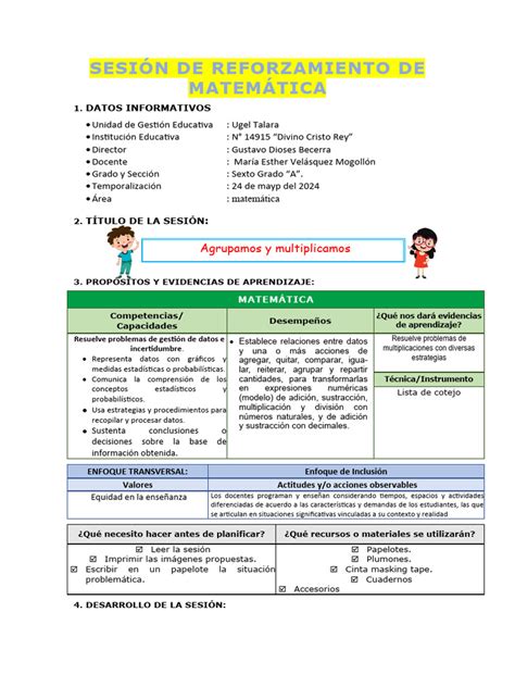 Sesión De Reforzamiento De Matemática Pdf Multiplicación Aprendizaje