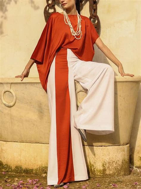 Batwing Sleeves Half Sleeves Solid Color Striped Round Neck Two Pieces