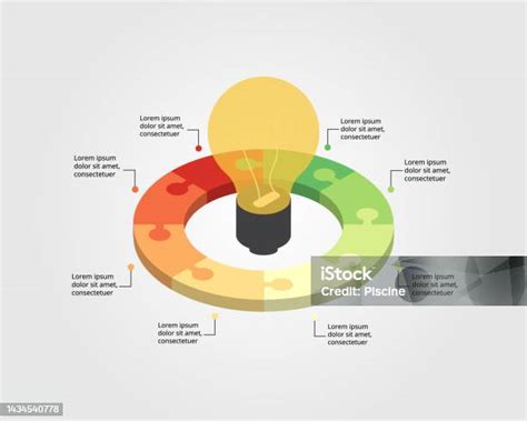 8 가지 요소에 대한 프리젠 테이션을위한 인포 그래픽을위한 가벼운 Burb 아이디어 템플릿 인포그래픽에 대한 스톡 벡터 아트 및 기타 이미지 인포그래픽 전구 퍼즐