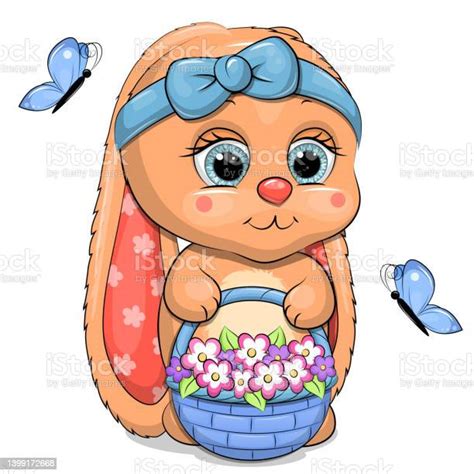 긴 귀를 가진 귀여운 만화 토끼가 바구니를 들고 있습니다 0명에 대한 스톡 벡터 아트 및 기타 이미지 0명 공휴일 귀