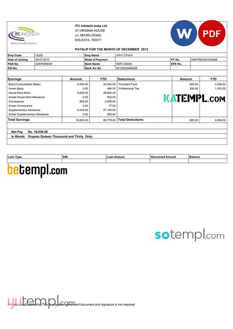 India Itc Infotech India Ltd Payslip Template In Word And Pdf Formats