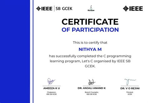 Nithya Manoj On Linkedin Cprogramming Certificateofparticipation Ieee Skilldevelopment