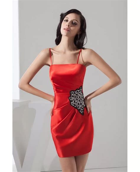 Hot Red With Black Beading Satin Short Cocktail Dress With Spaghetti