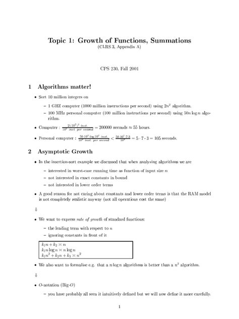 Topic 1 Growth Of Functions Summations 1 Algorithms Matter Pdf