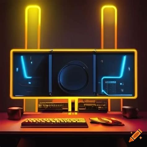 Neon Lit Futuristic Computer Room With Dual Monitors
