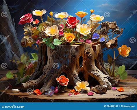 Colorful Flowers And Decayed Tree Stumps Stock Illustration