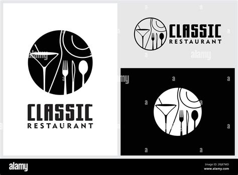 Restaurant Line Art Logo With Wine Glass Spoon Fork Plate Knife Glass