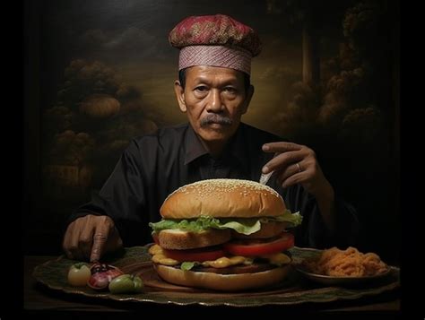 Premium Ai Image A Man Eat Big Burger Ai Generative